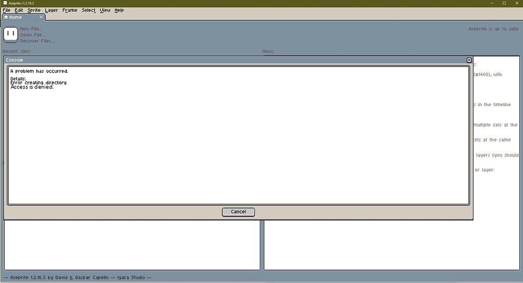 *SOLVED* Error Creating Directory - Help - Aseprite Community